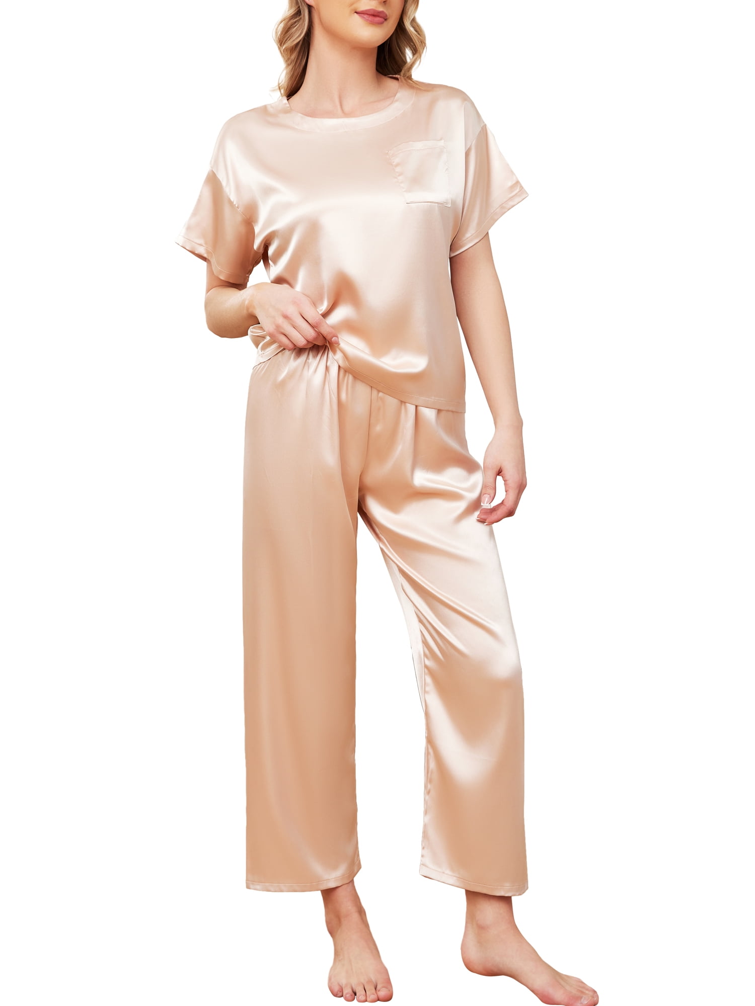 MISS MOLY Womens Satin Silky Pajama Set Short Sleeve Shirt with Long ...