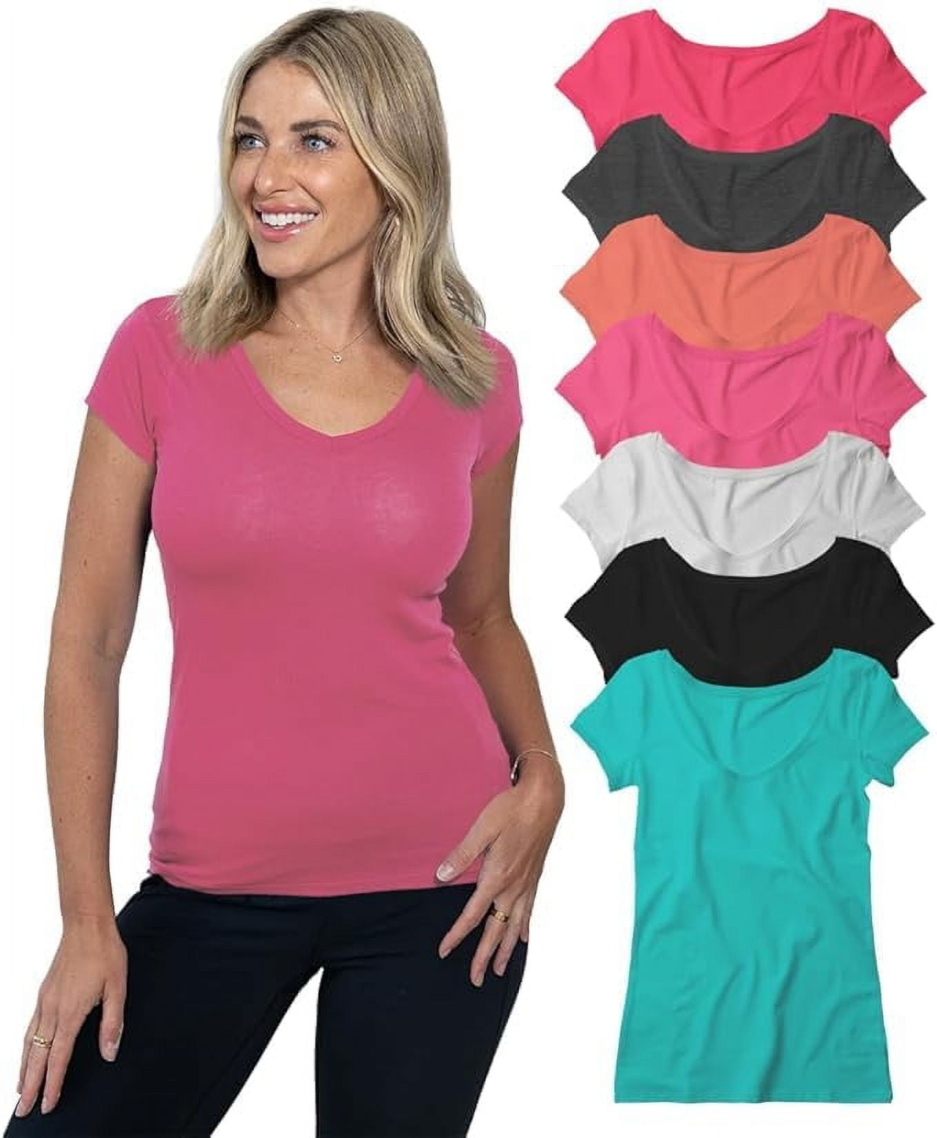 MISS POPULAR 7 Pack Vneck T-Shirts for Women, Solid Multi-Color ...