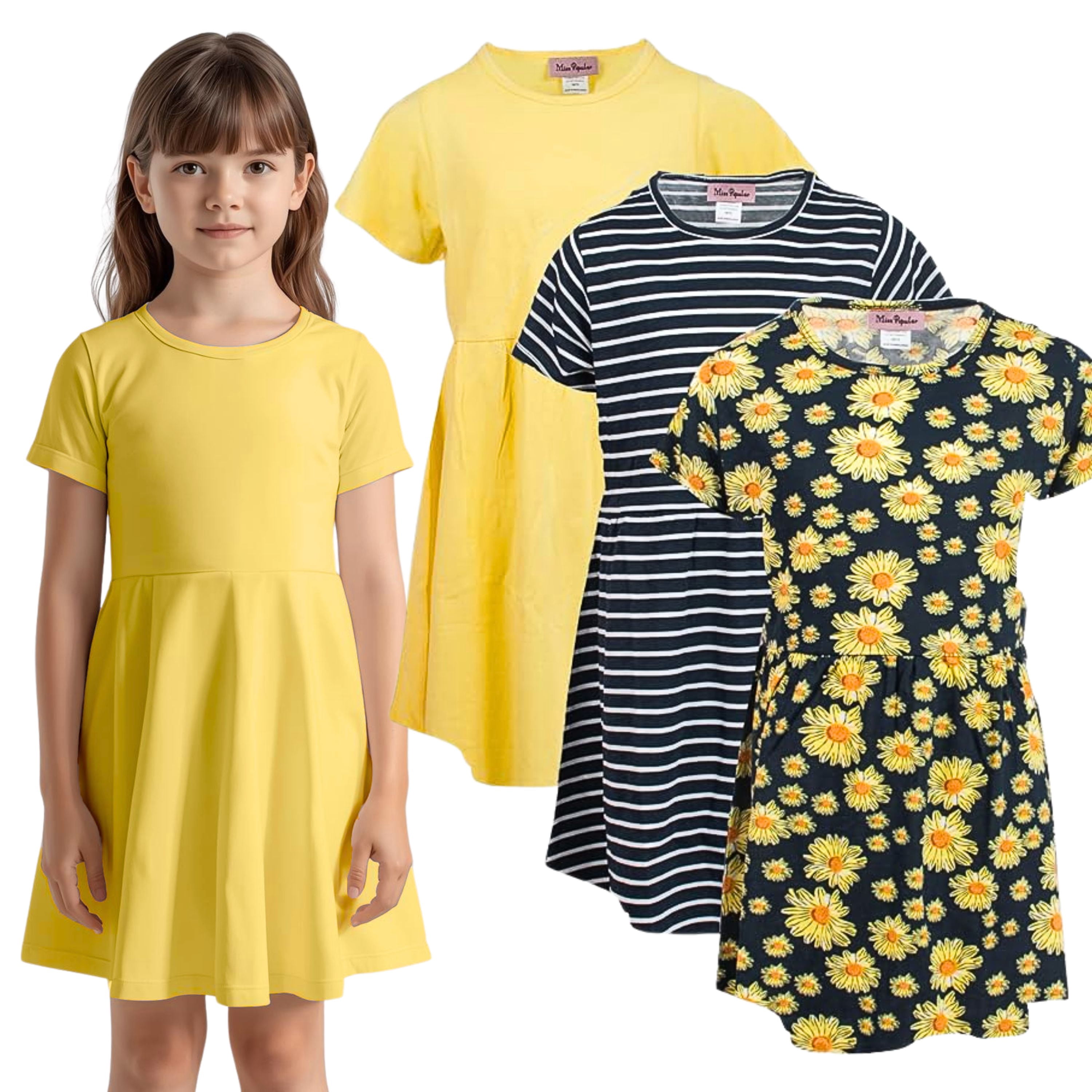 Miss Popular Girls 3 Pack Short Sleeve Skater Dress, Soft Cotton, Cute ...