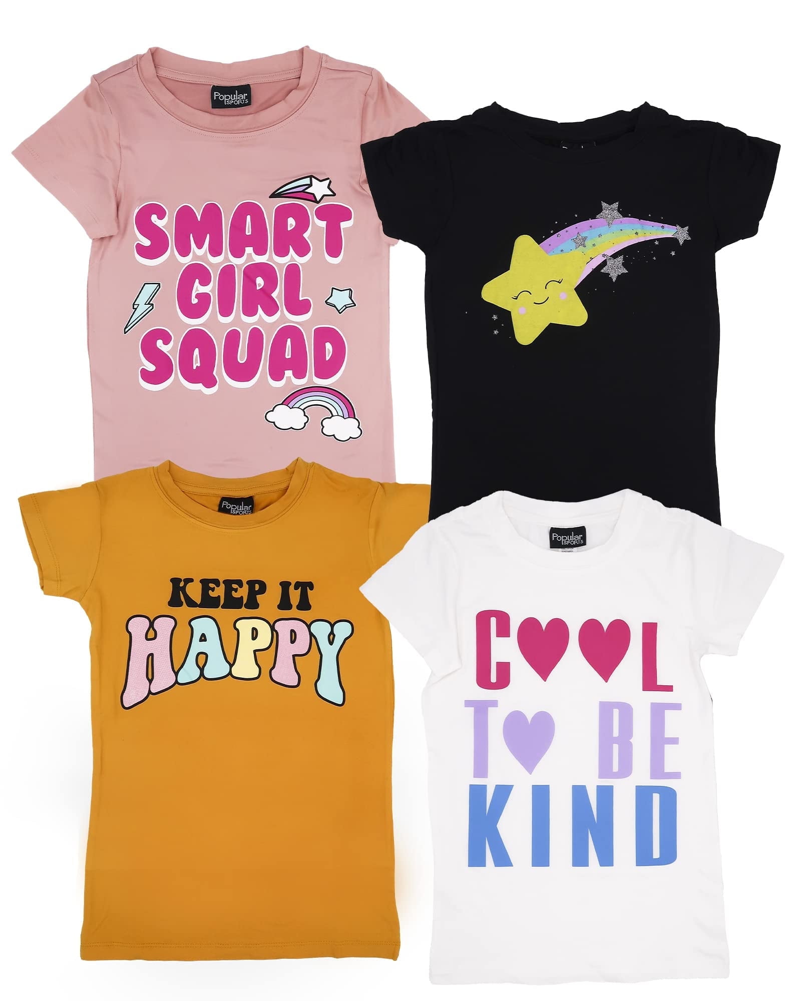 MISS POPULAR Girls 4-Pack Soft Short Sleeve T-Shirts, Rainbow Butterfly ...
