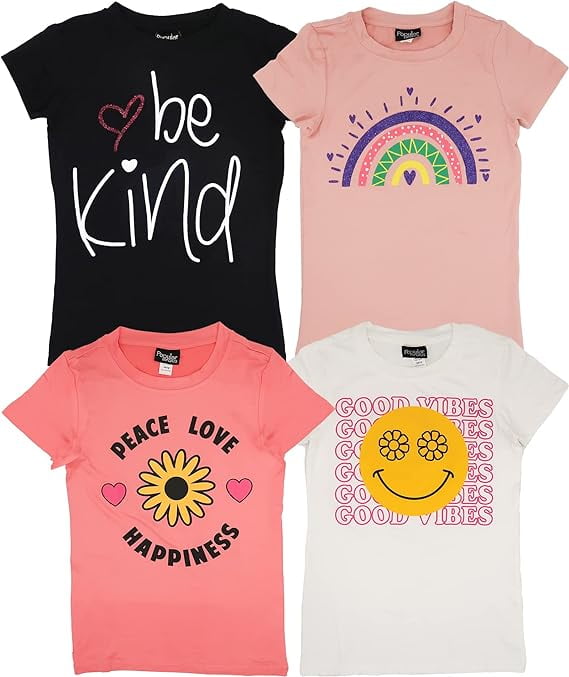 MISS POPULAR Girls 4-Pack Super Soft Short Sleeve T-Shirts Rainbow ...