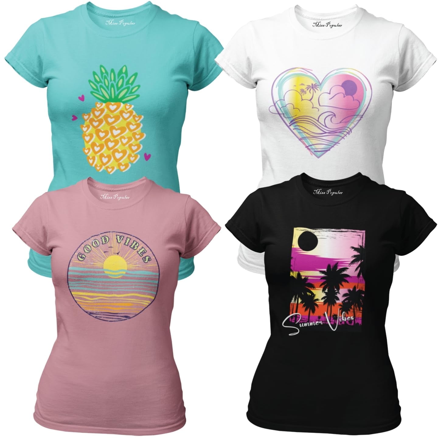 MISS POPULAR Girls 4-Pack Super Soft Short Sleeve T-Shirts Rainbow ...