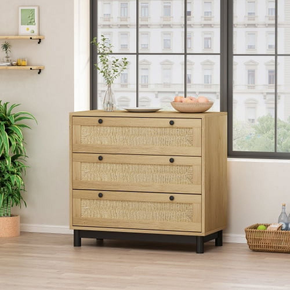 MISSUNNY 30.31" 3-Drawer Rope Woven Storage Cabinet - Oak Finish ...