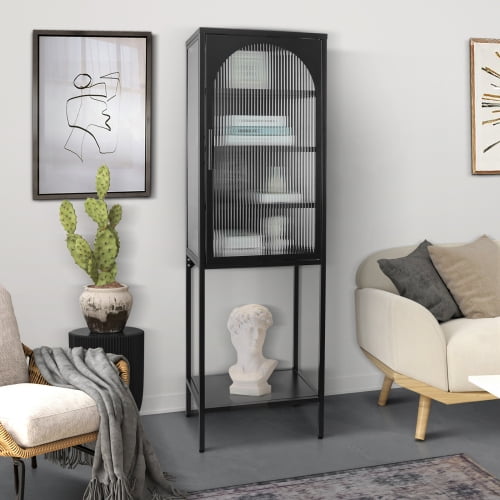 MISSUNNY Black High Cabinet with Arched Tempered Glass Door, Adjustable ...