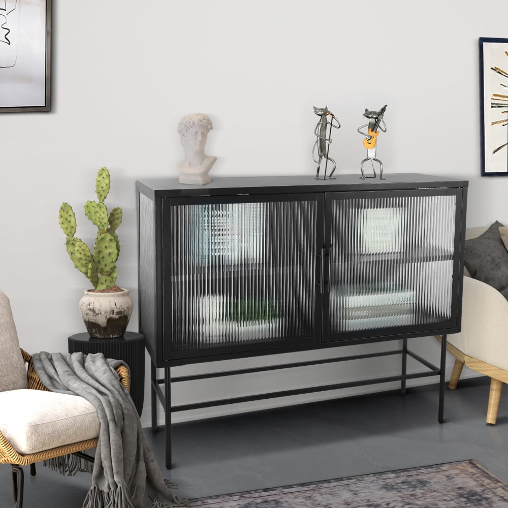 MISSUNNY Elegant Double-Door Tempered Glass Console Table - Black ...