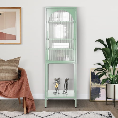MISSUNNY Elegant Light Green High Cabinet with Curved Tempered Glass ...