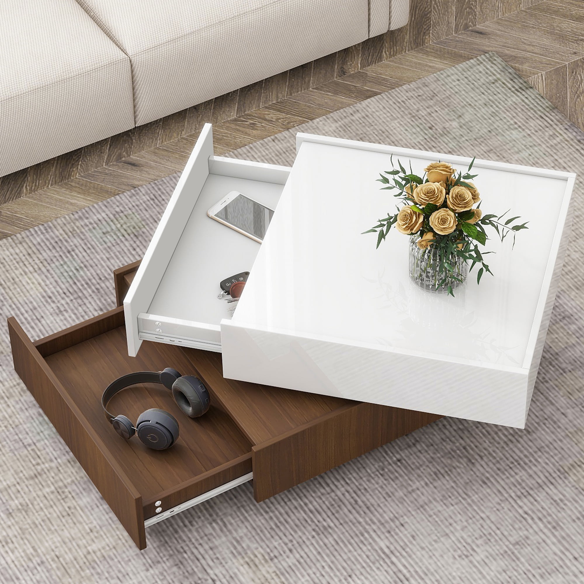 MISSUNNY Square Coffee Table 360°Rotating Center Table with 2 Storage ...