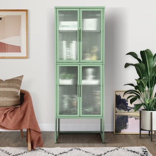 MISSUNNY Stylish Light Green Kitchen Credenza with 4 Fluted Tempered ...
