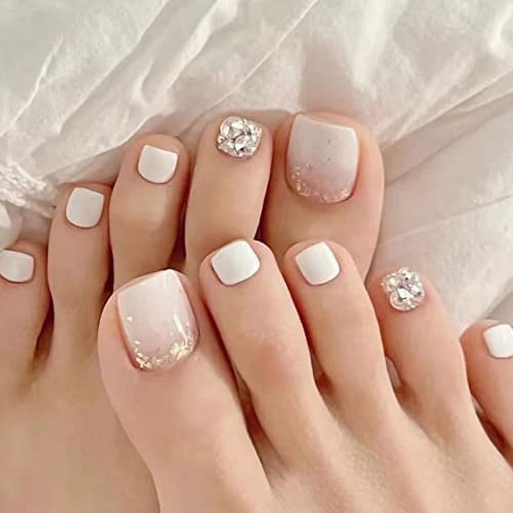 MISUD Press on Toenails White Gel Fake Toenails Glossy Glue on Toenails ...