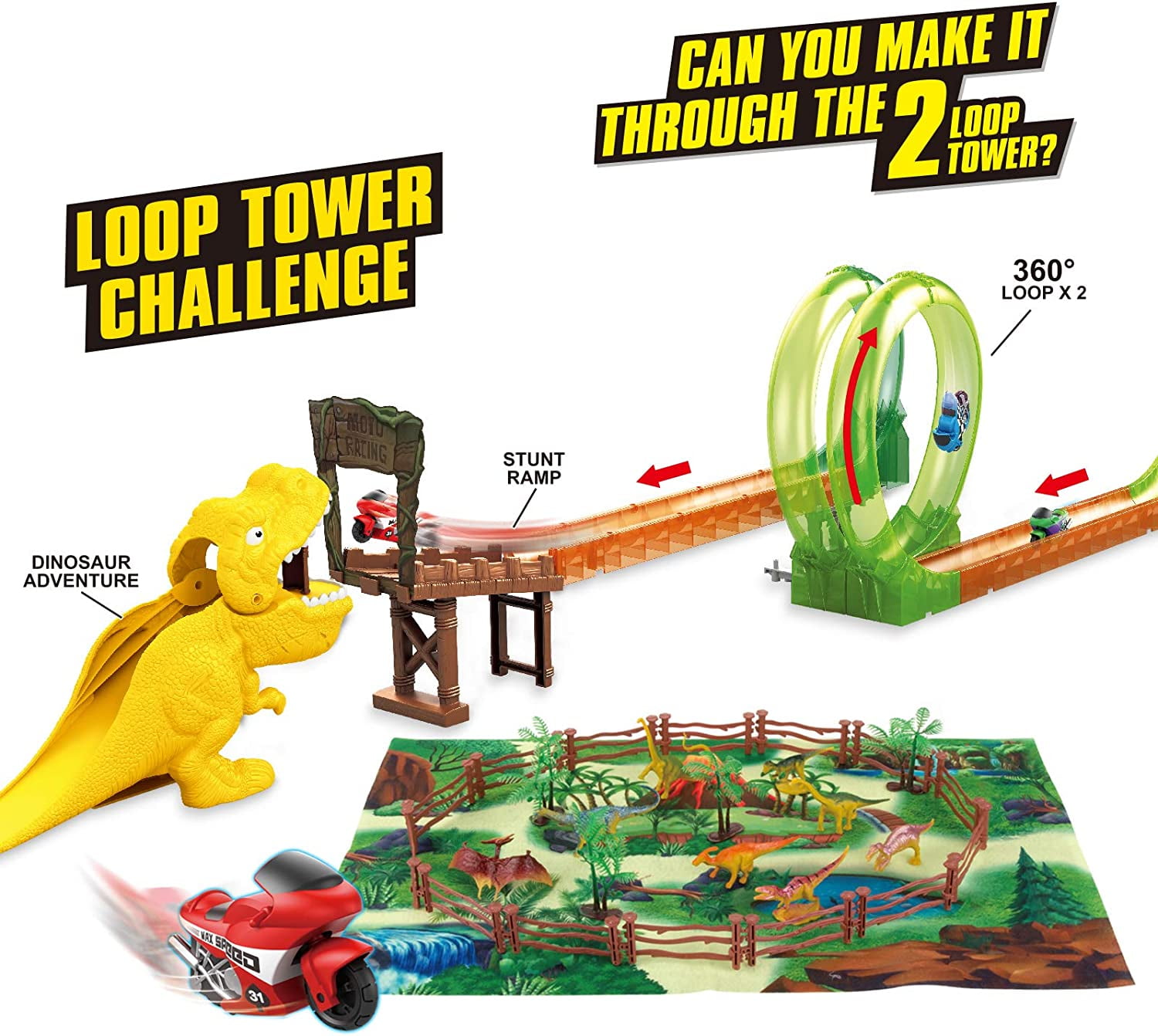 MITCIEN Dino Set: Race Track, Pull Back Motorcycles, Jurassic Dinosaur ...