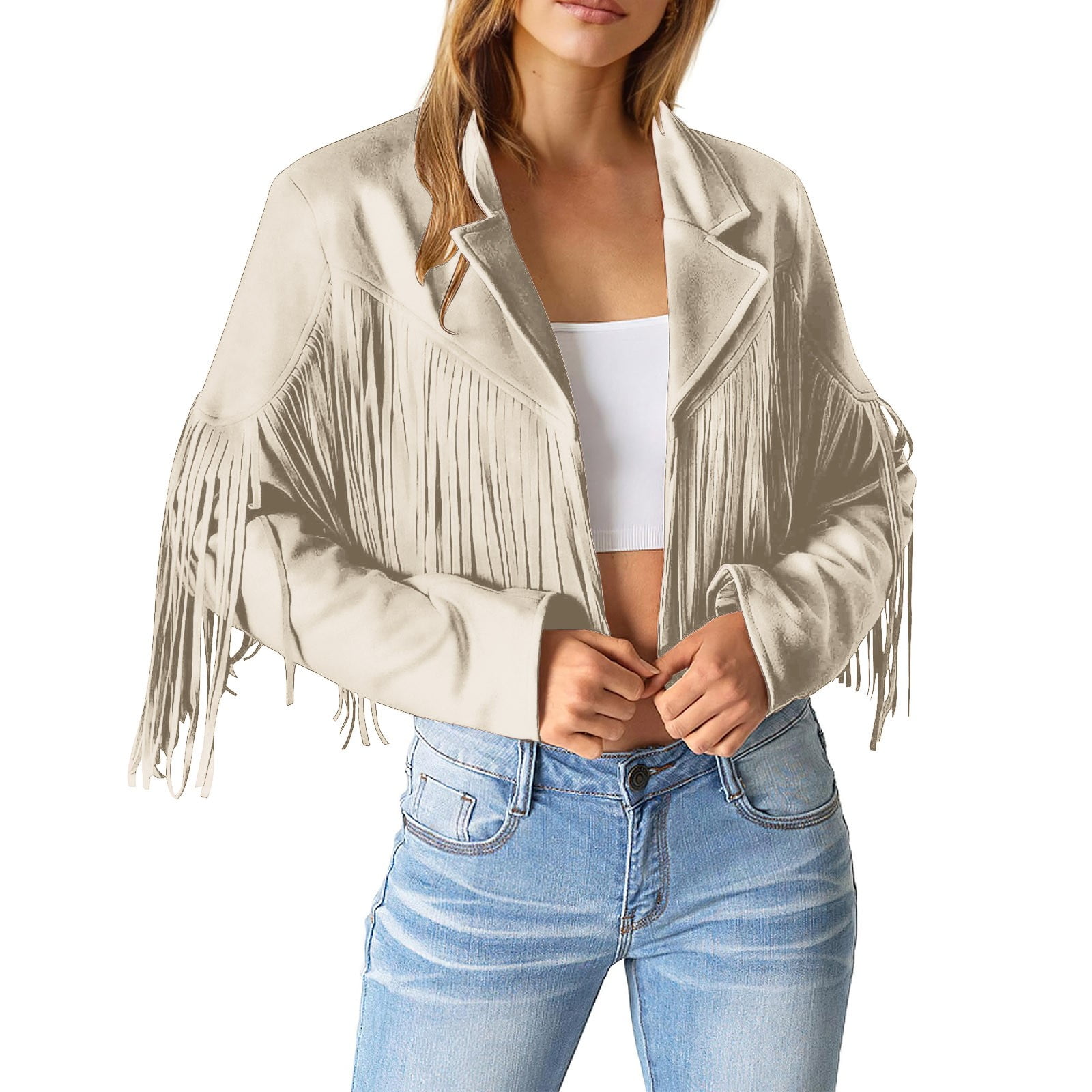 MITCOWBOY Leather Fringe Jacket Ladies Fashion Solid Color Fringe Faux ...