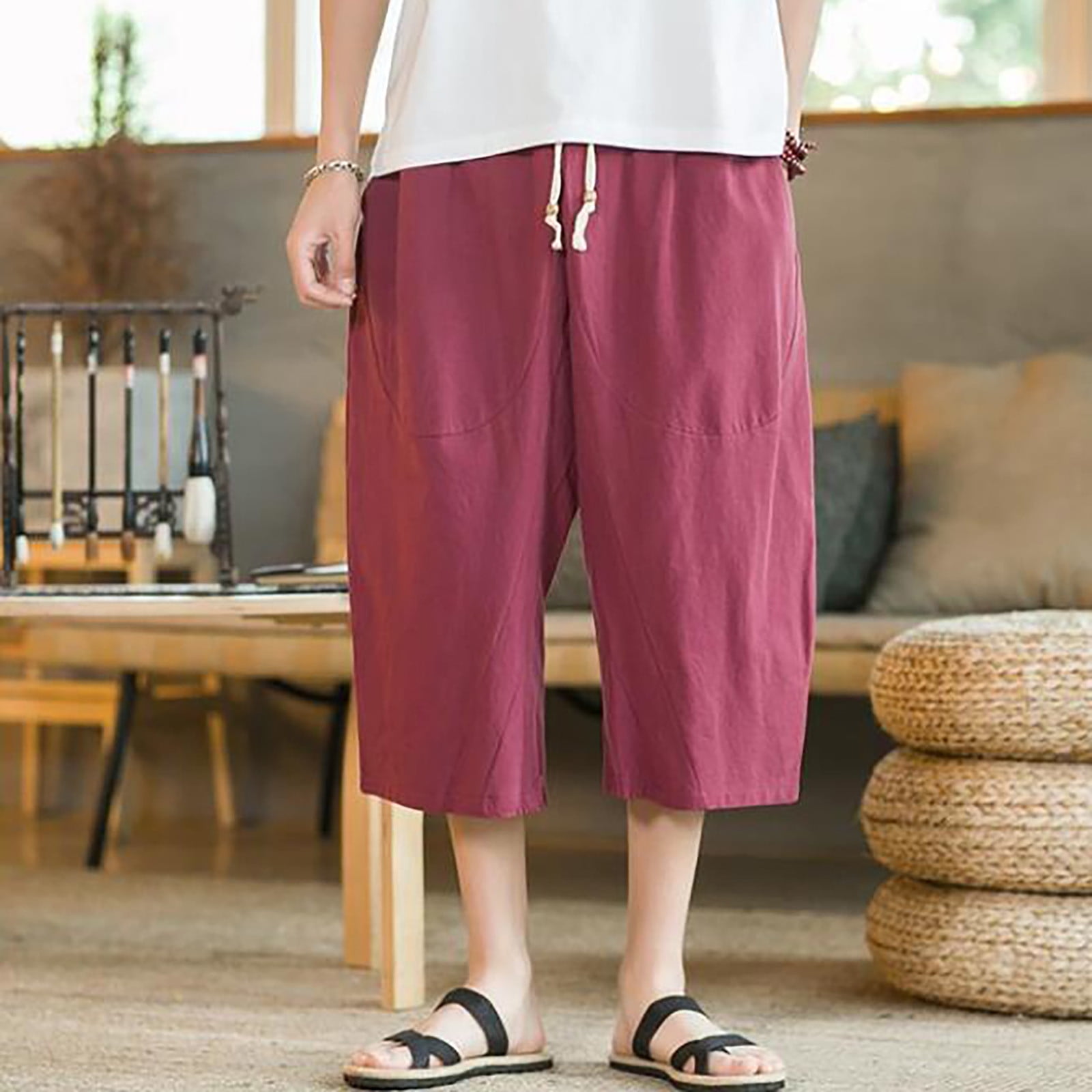MITCOWBOYS Mens Swim Trunks, Men Cotton Linen Capri Pants Baggy Harem ...