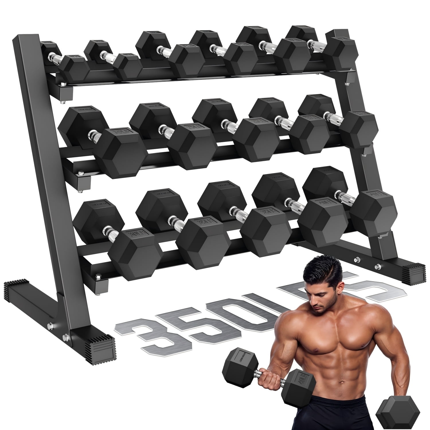 MITONOS 150/350 Dumbbell Sets with Rack, Rubber Hex Dumbbells, Free ...