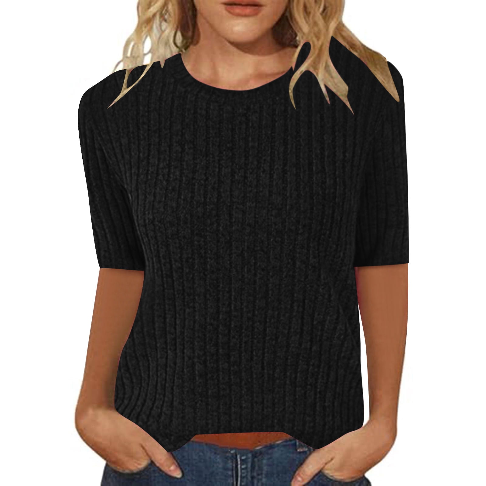 MIUOWANP 3/4 Length Sleeve Womens Tops Women's Fashion Solid Color Half ...