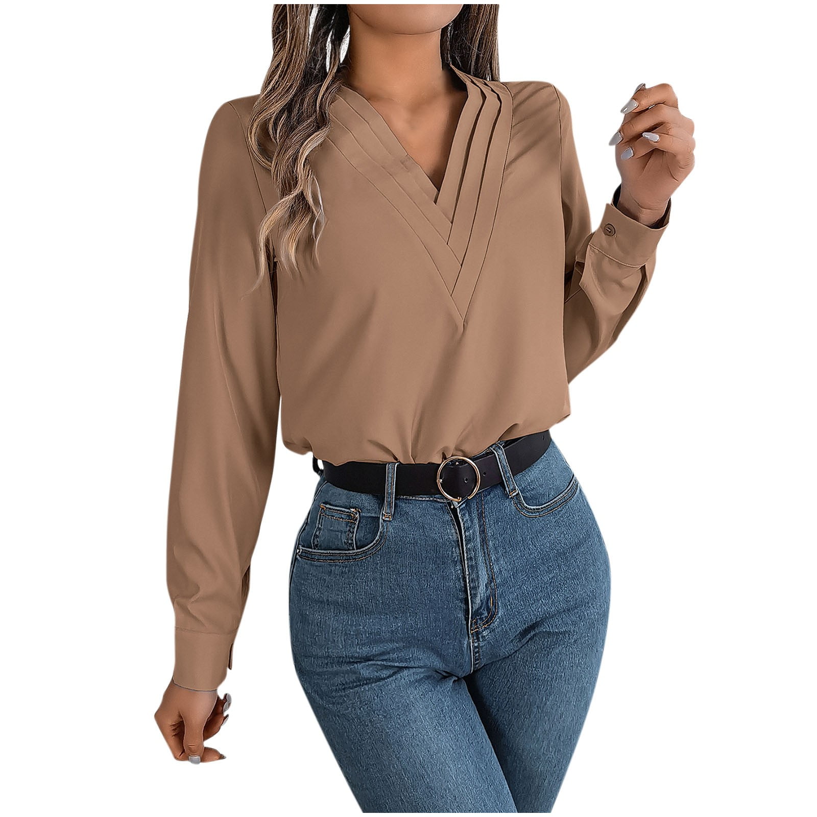 MIUOWANP Tops for Women Dressy Casual Solid Color Layered V-neck Long ...
