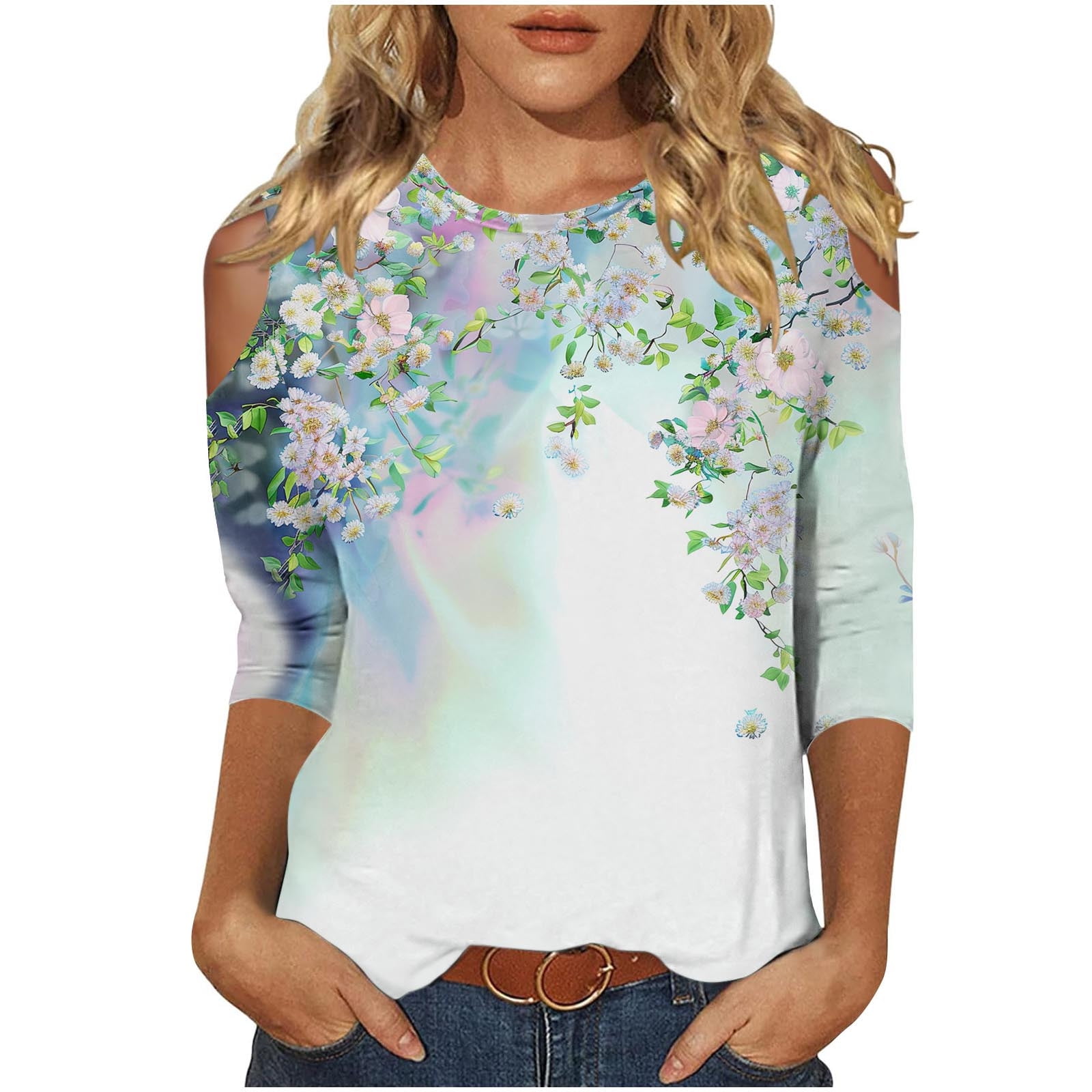 MIUOWANP Women's Fashion Printed T-shirt 3/4 Sleeves Blouse Round Neck ...