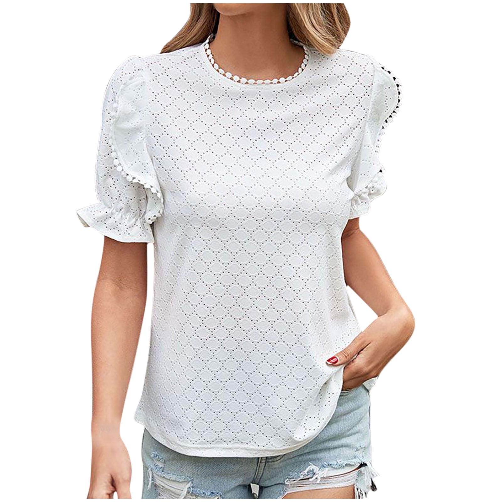 MIUOWANP Women's Tops Dressy Spring Summer Short SleeveRound-Neck ...