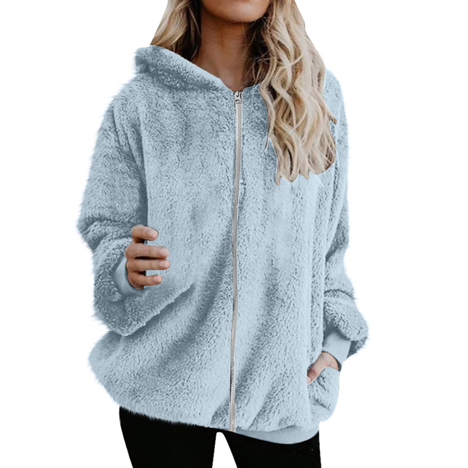 MIUOWANP Womens Fleece Jacket Hooded Fashion Women's Zipper V-Neck ...