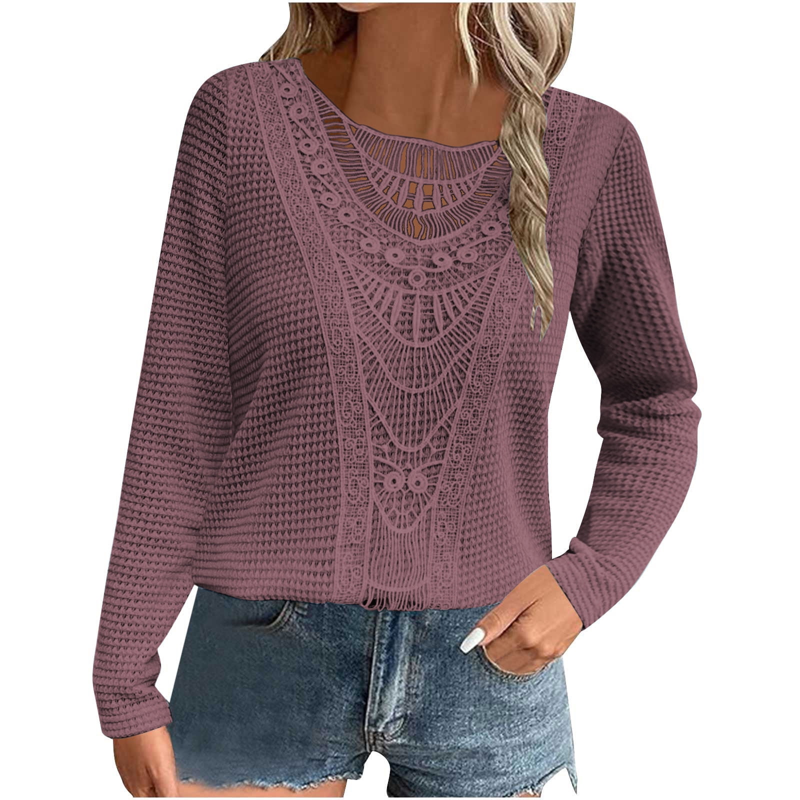MIUOWANP Womens Sweatshirts Trendy Women's Solid Color Lace Patchwork ...