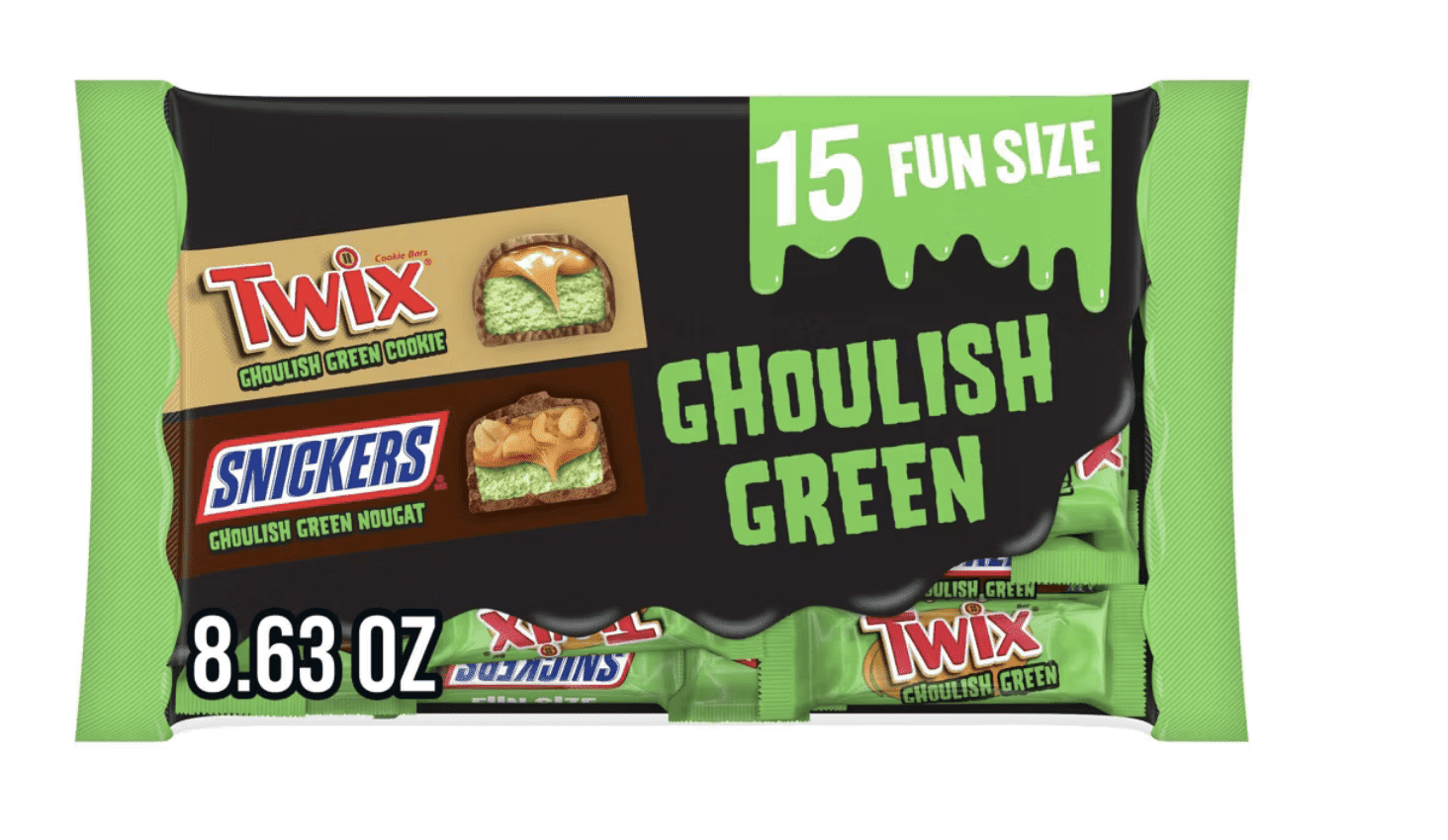 MIXED CHOCOLATE VARIETY FUNSIZE LAYDOWN BAG HALLOWEEN GHOULISH GREEN 8. ...