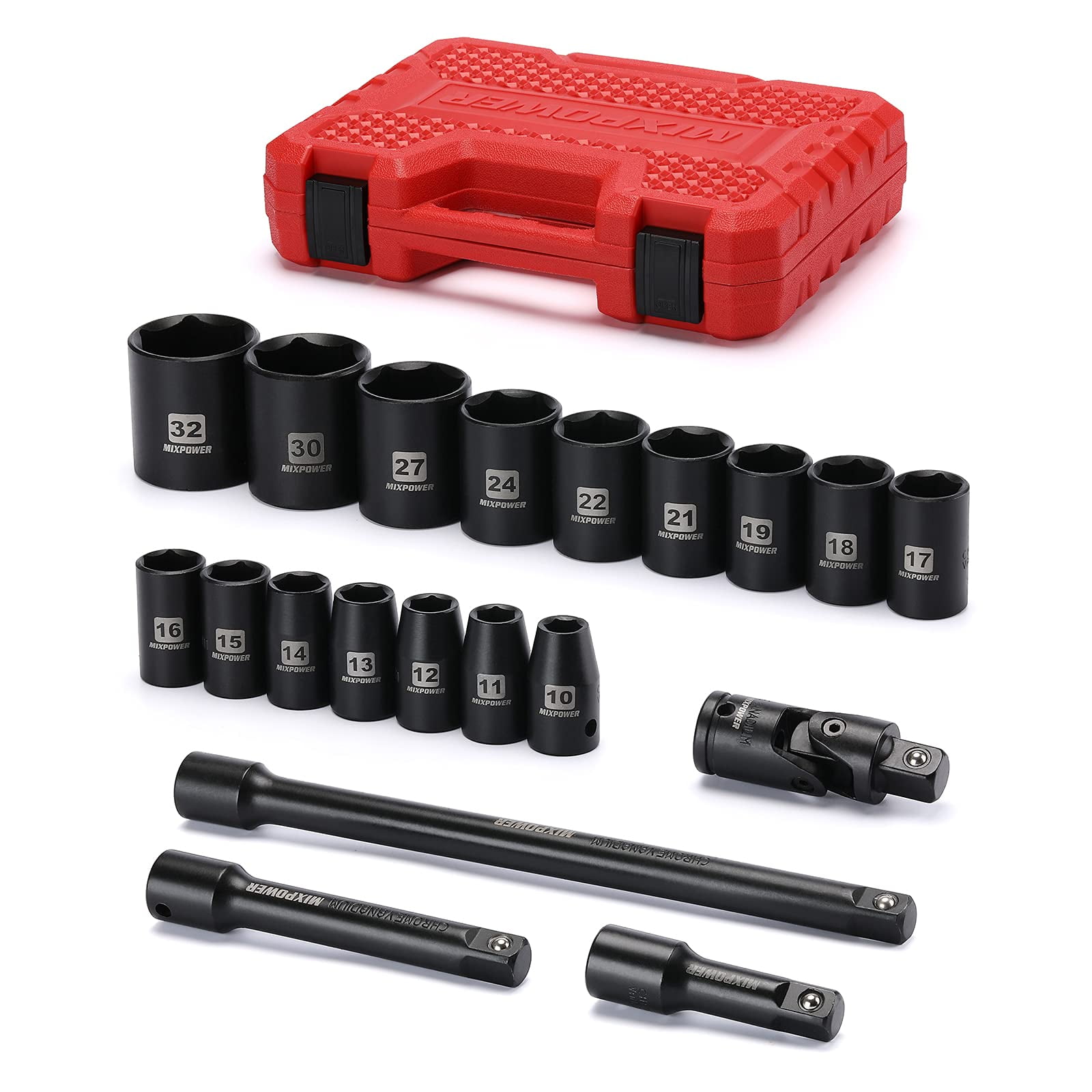 MIXPOWER 1/2-inch Drive Impact Socket Set, Metric 10mm-32mm, CR-V 6 ...