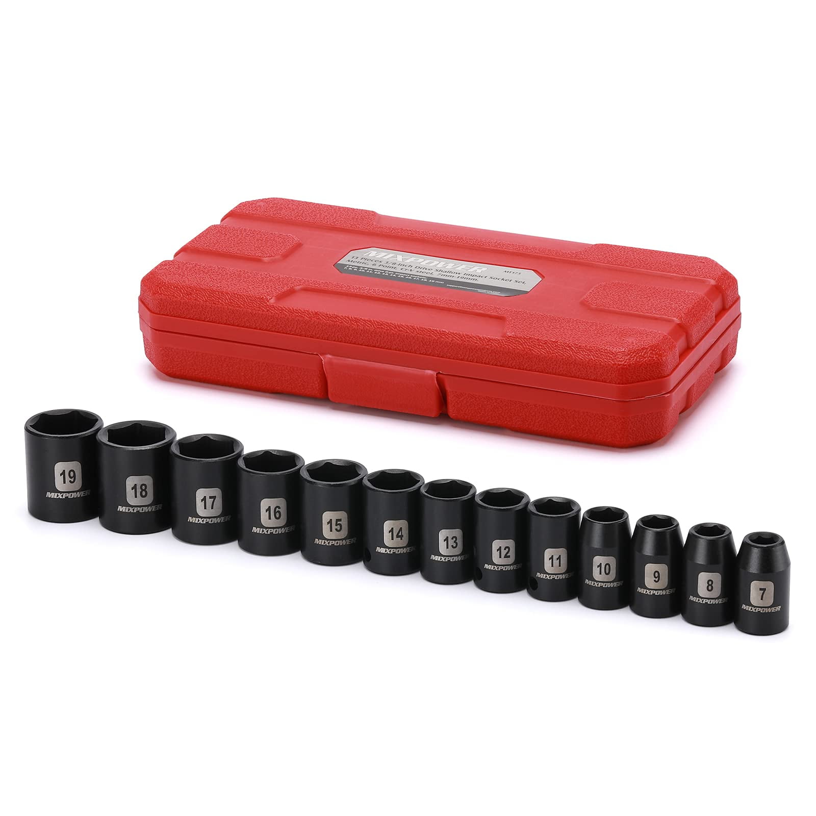 MIXPOWER 13 Pieces 3/8-Inch Drive Shallow Impact Socket Set, 7mm to 19mm, CR-V, Metric, 6 Point ...