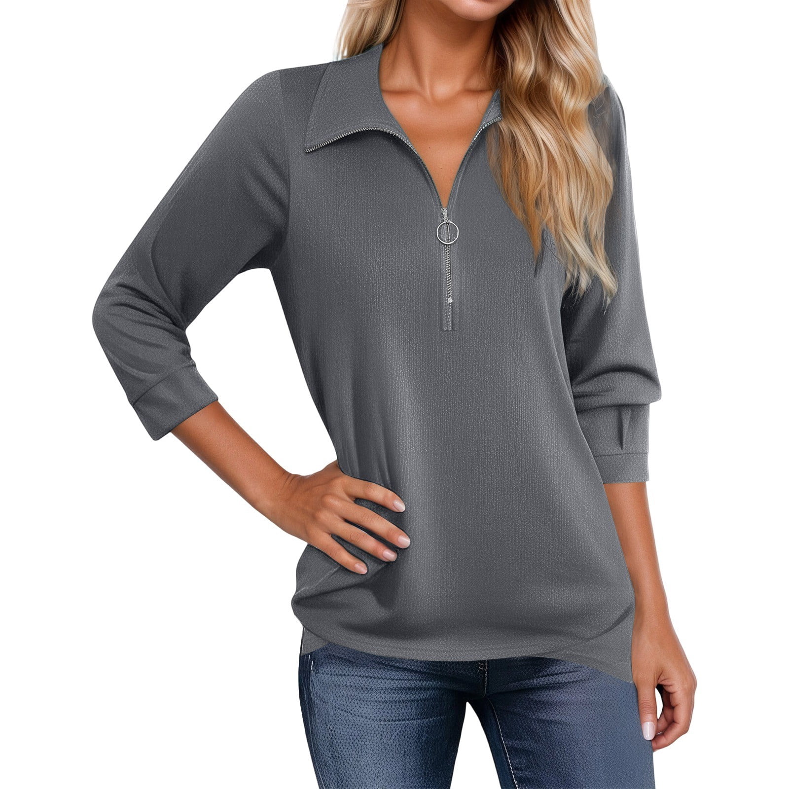 MIXUE Boho Tops For Women Autumn Winter Solid Color V Neck Zipper Long ...