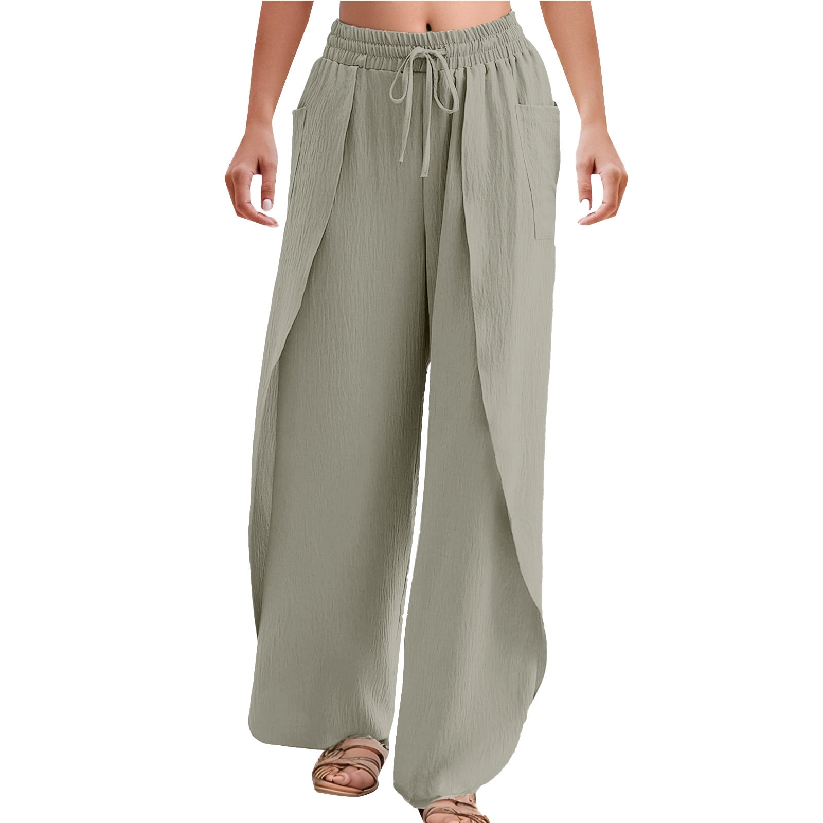 MIXUE Linen Pants Women Solid Color Wide Leg Summer Flowy Side Split ...