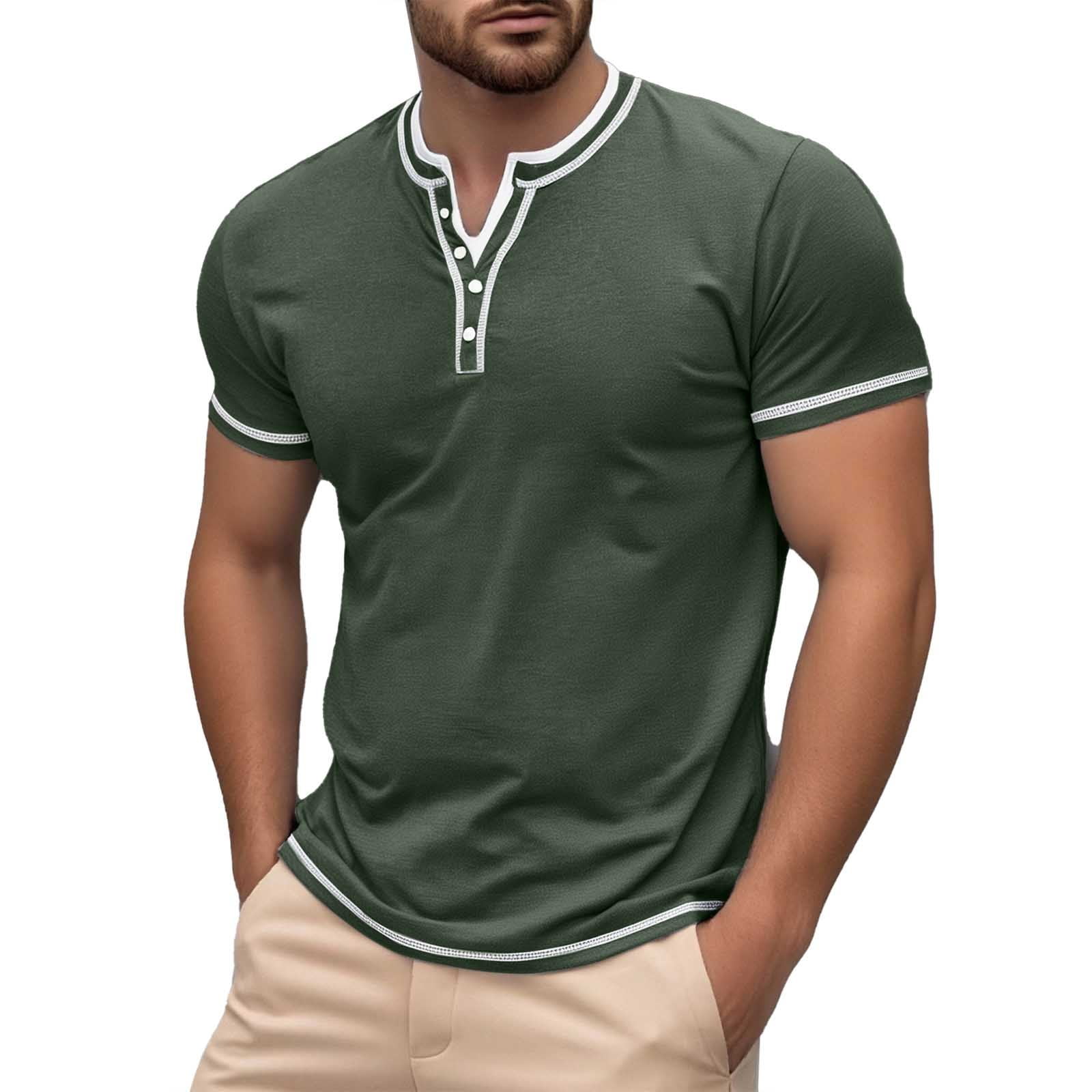 Mixue Mens T Shirts Summer Solid Color V Neck Botton Short Sleeve Fashion Pullover Tops T Shirts