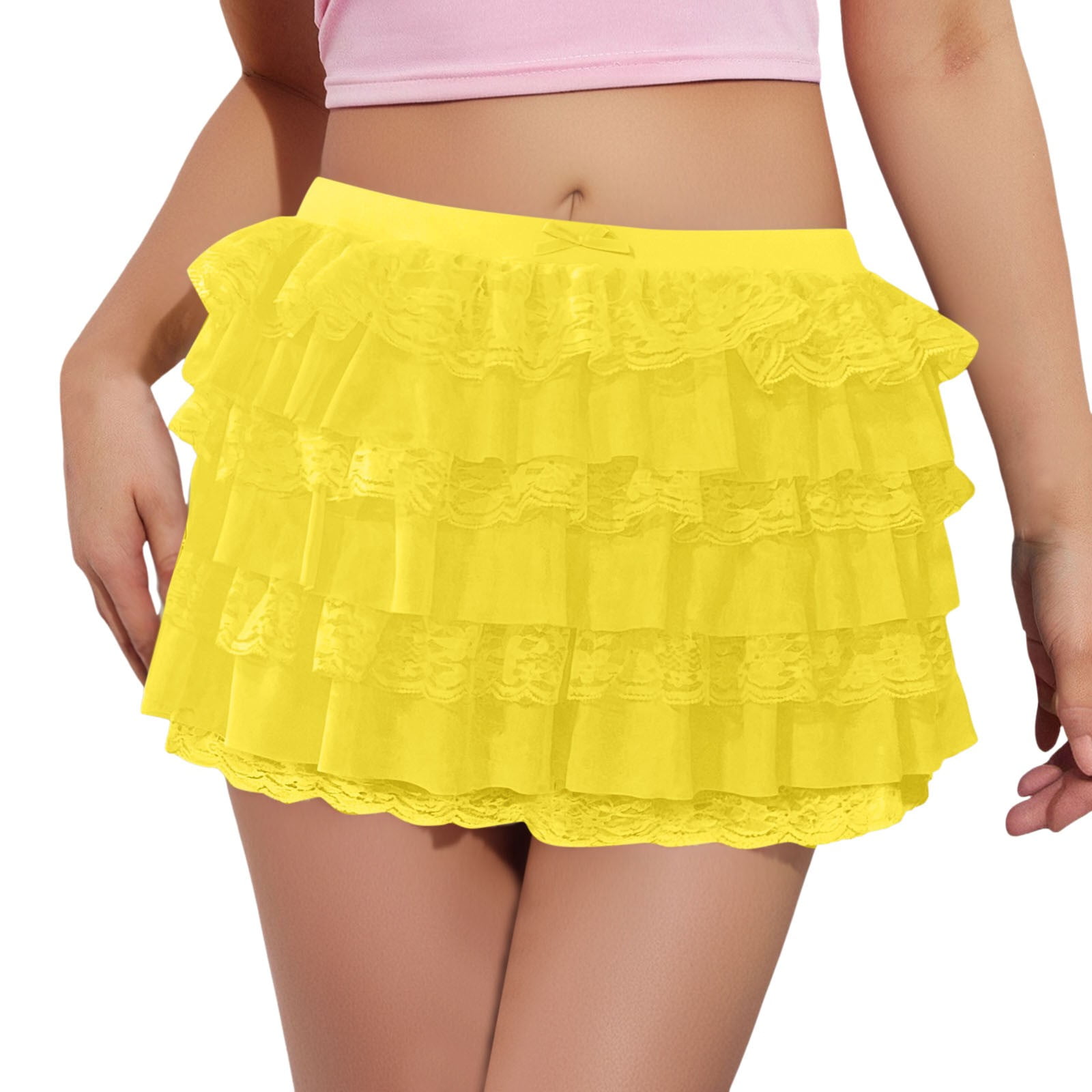 MIXUE Skirts For Women Summer Solid Color Ruffle Lace Elastic Waist Bow ...