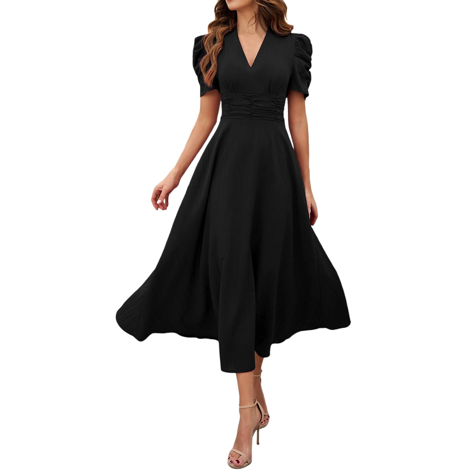 MIXUE Summer Dresses for Women Solid Color V Neck Short Puff Sleeve ...