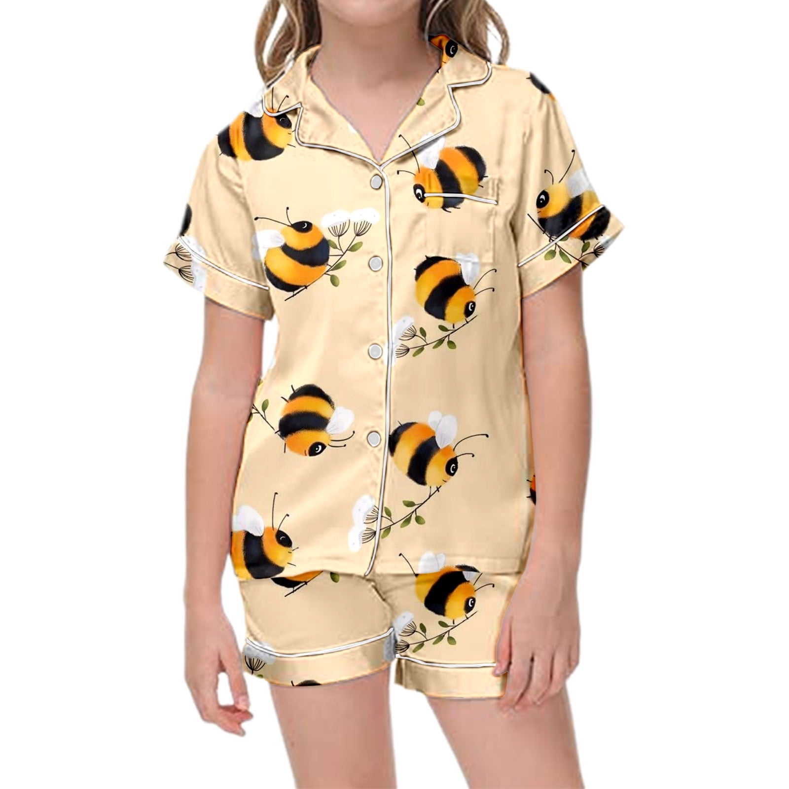 MIXUE Summer Tween Girls Pajamas Sets 2 Piece Cartoon Bee Print Short ...