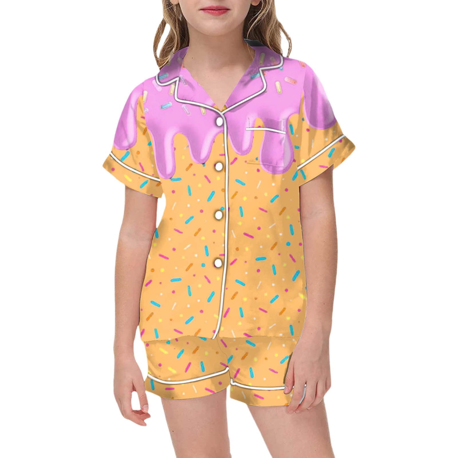 MIXUE Tween Girls Outfit Sets Summer Ice Cream Print Button Down Lapel ...