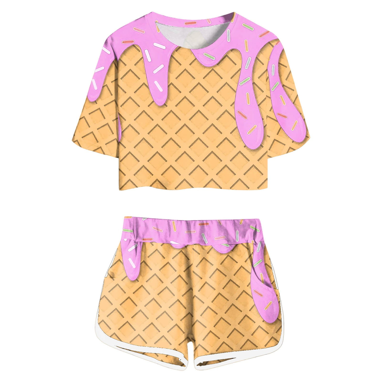 MIXUE Tween Girls Outfit Sets Summer Ice Cream Print Crew Neck Short ...