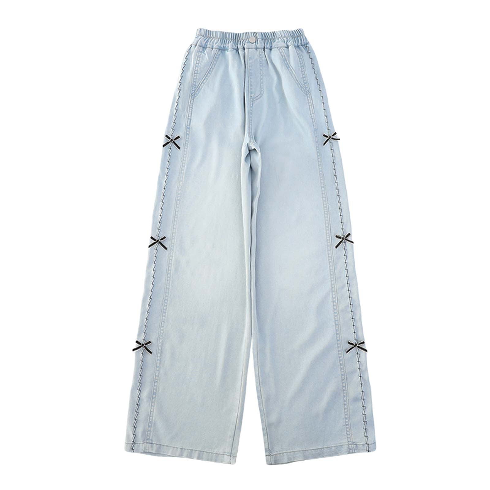 MIXUE Tween Girls Pants Summer Denim Solid Color Bowknot Elastic Waist ...