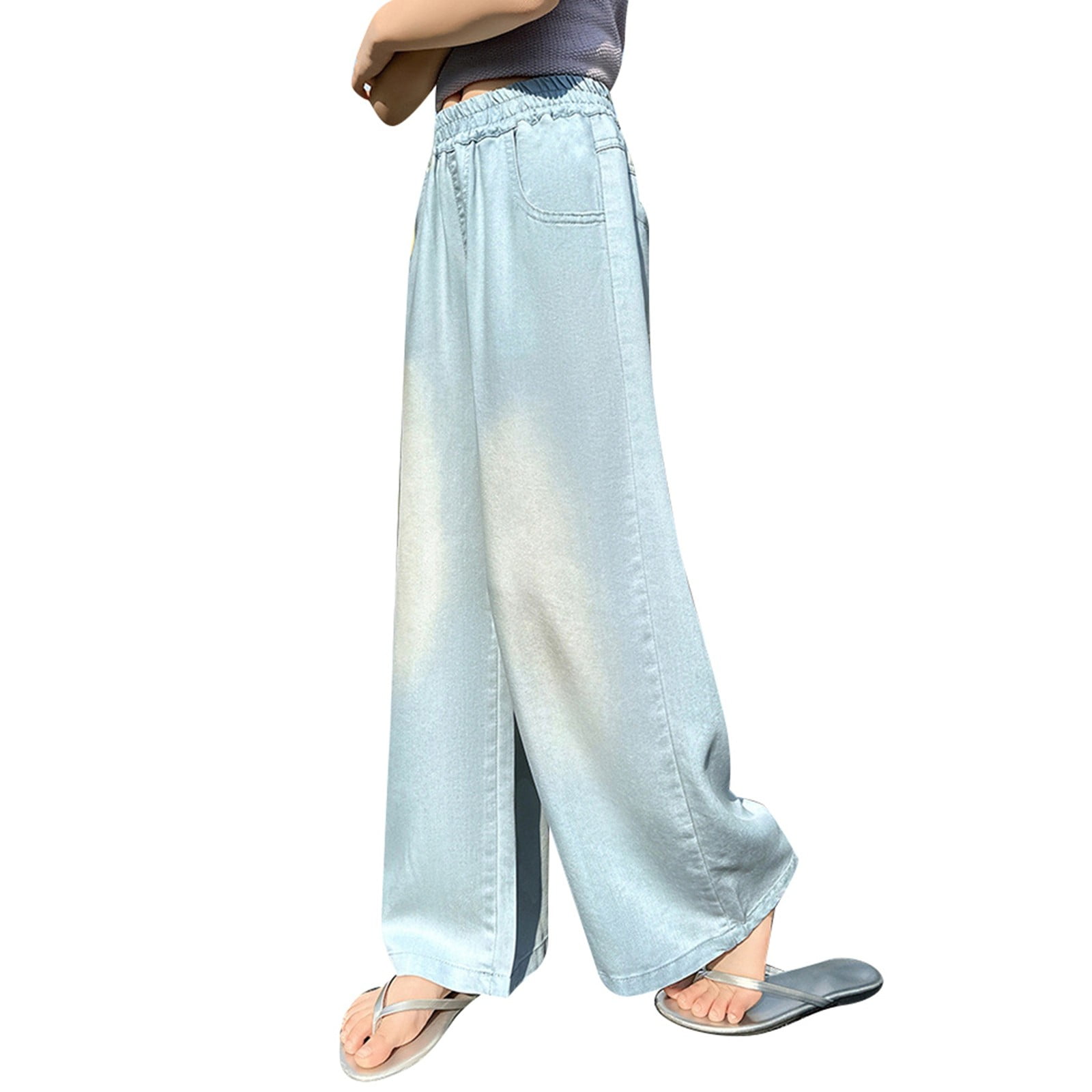MIXUE Tween Girls Pants Summer Denim Solid Color Elastic Waist Retro ...