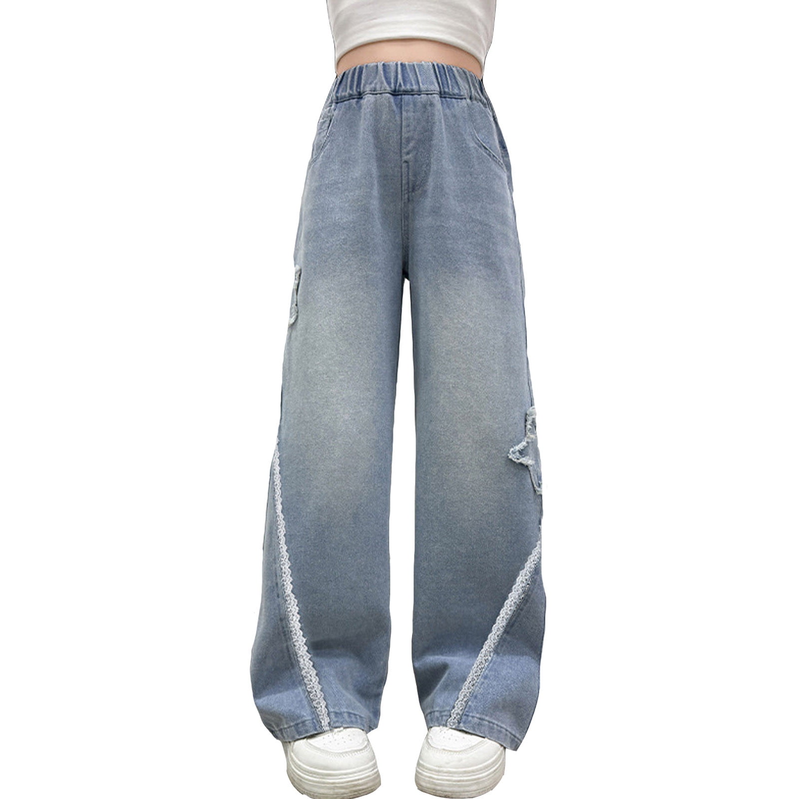 MIXUE Tween Girls Pants Summer Denim Star Patchwork Lace Trim Elastic ...
