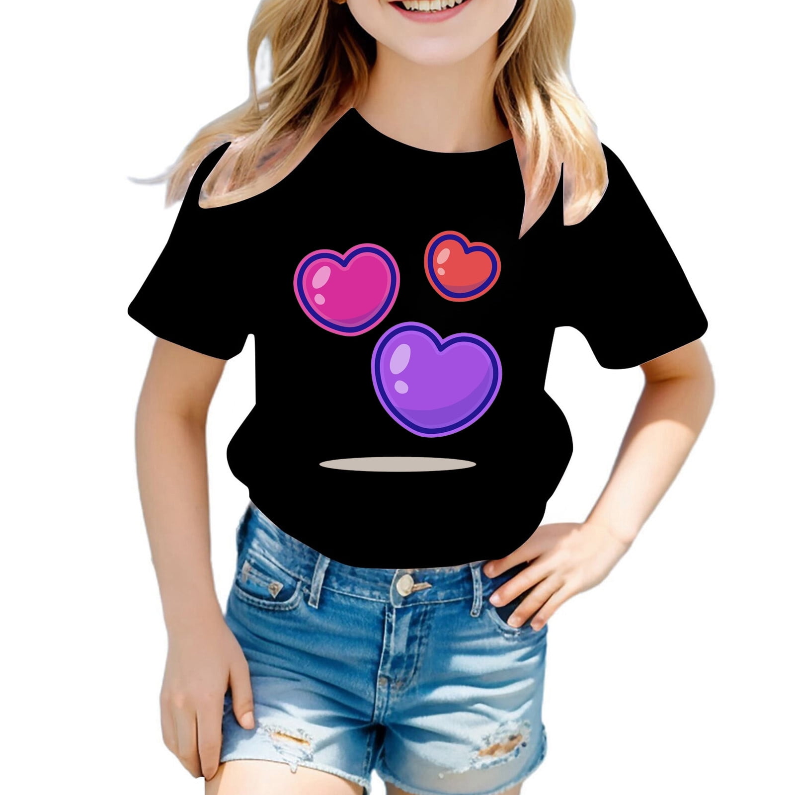 MIXUE Tween Girls Tops & T-Shirts Summer Cartoon Heart Print Round Neck ...
