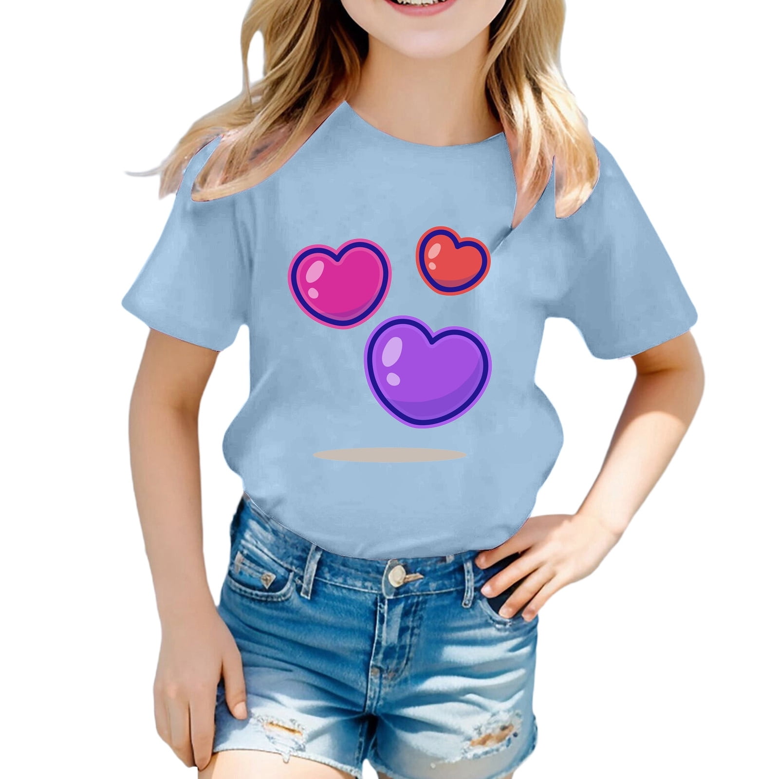 MIXUE Tween Girls Tops & T-Shirts Summer Cartoon Heart Print Round Neck ...