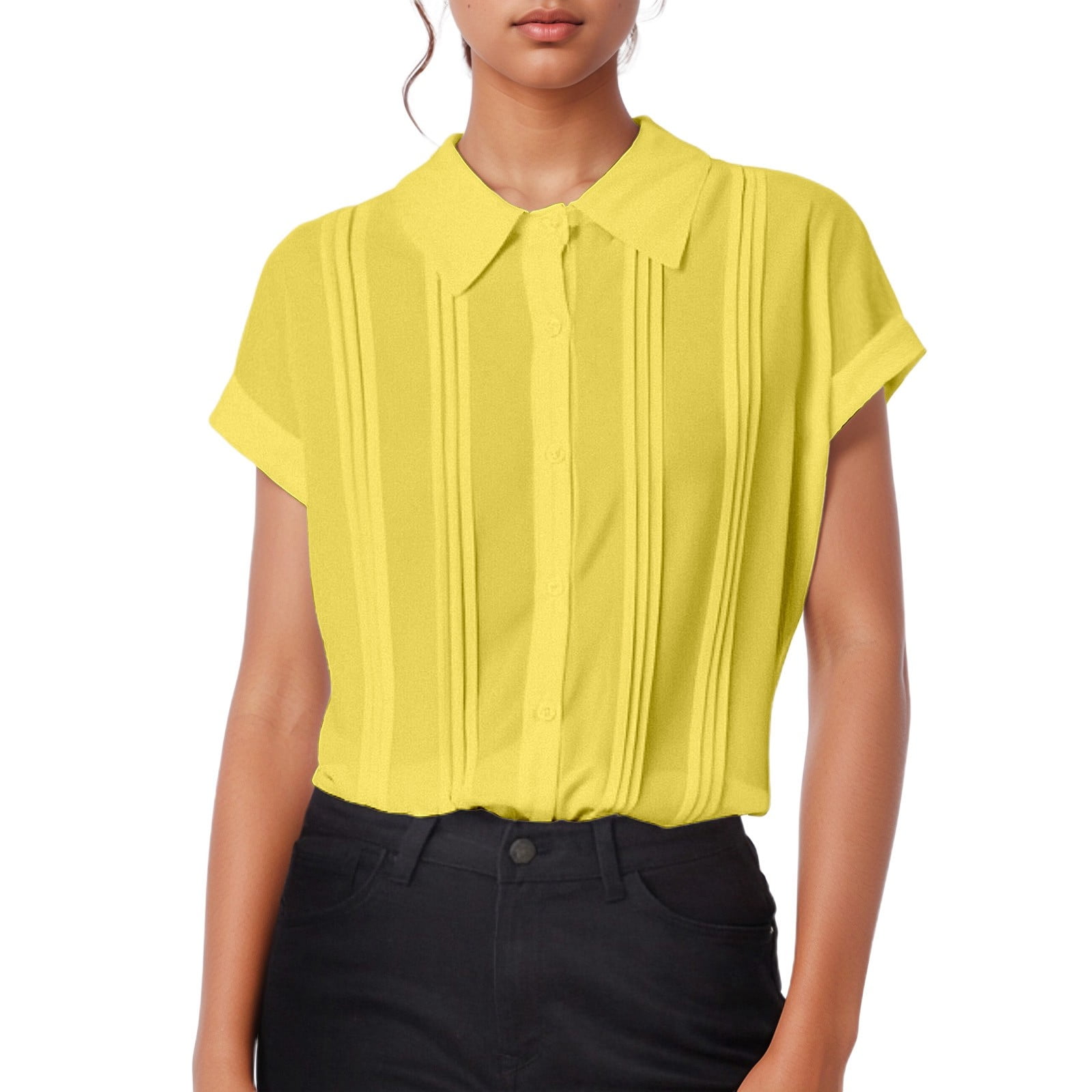 MIXUE Women Blouses Solid Color Lapel Short Sleeve Button Up Casual ...