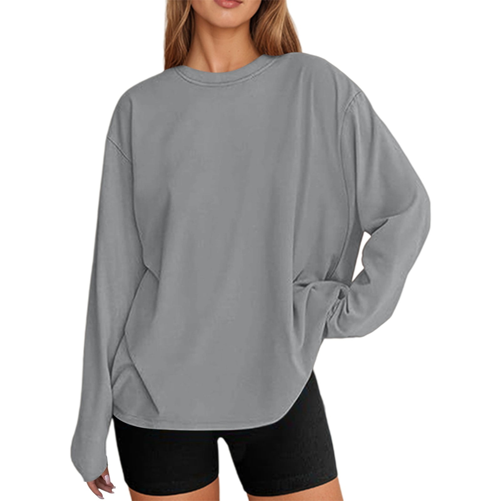 MIXUE Women Tshirts Oversized Solid Color Long Sleeve T Shirts Casual ...