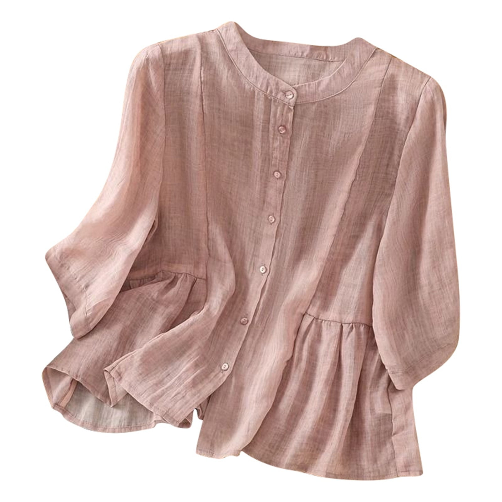 MIXUE Womens Summer Tops Solid Color Round Neck Botton Long Sleeve ...