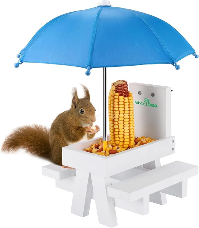 MIXXIDEA Squirrel Feeder Table with Umbrella, Wooden Squirrel Picnic ...