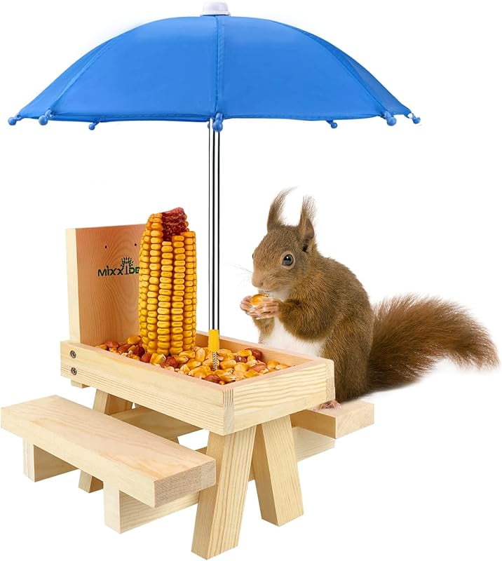 MIXXIDEA Squirrel Feeder Table with Umbrella, Wooden Squirrel Picnic ...