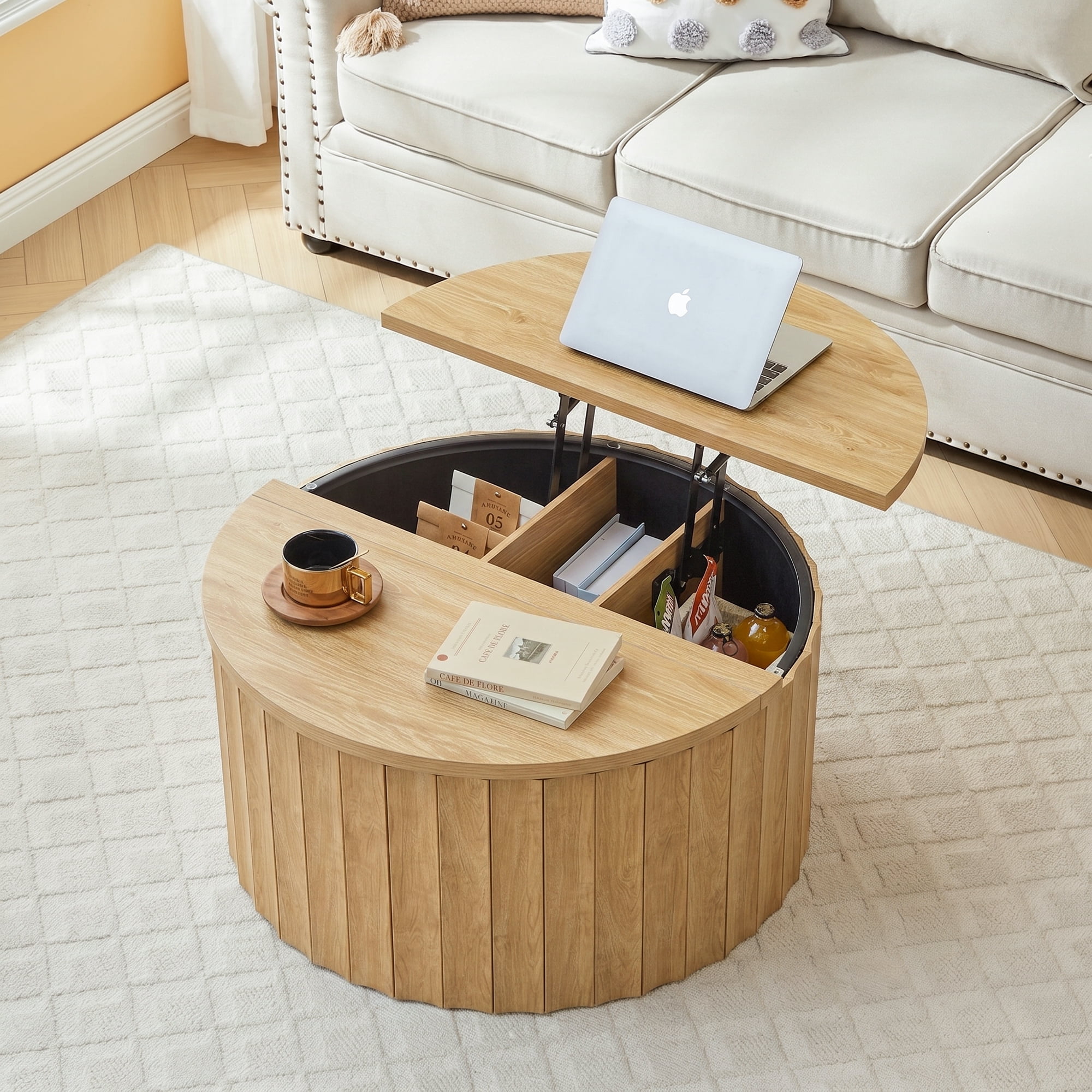 MIYZEAL Natural Wood Oval Lift-Top Coffee Table with Hidden Storage ...