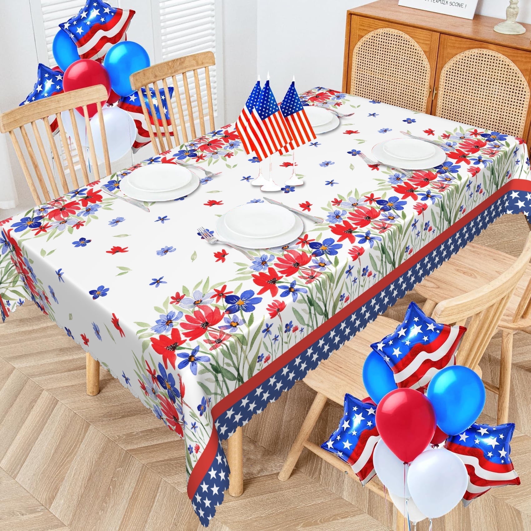 MIZHONA 4th of July Tablecloth American Patriotic Floral Rectangle ...