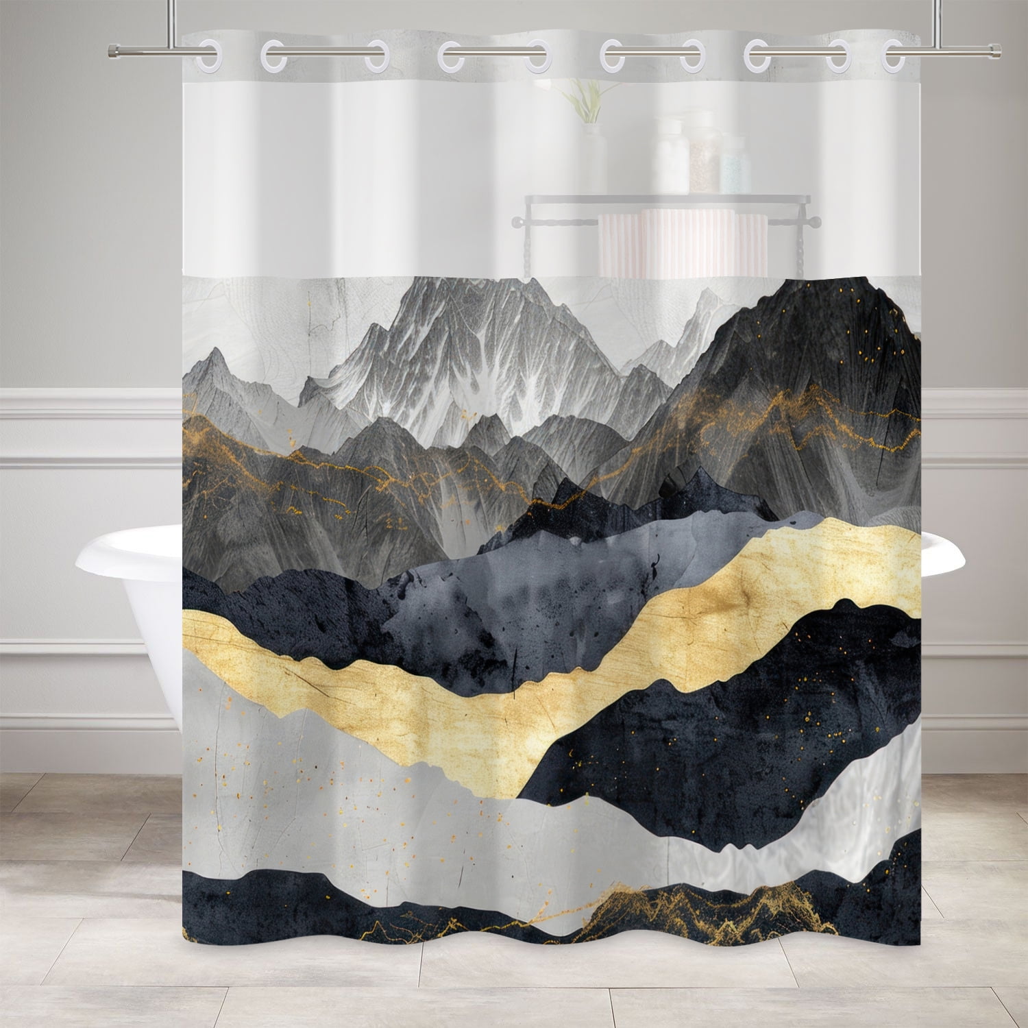 MIZHONA Black Shower Curtain with Snap in Liner,Navy Blue Mountain Fabric Bathroom Curtain,71"× ...