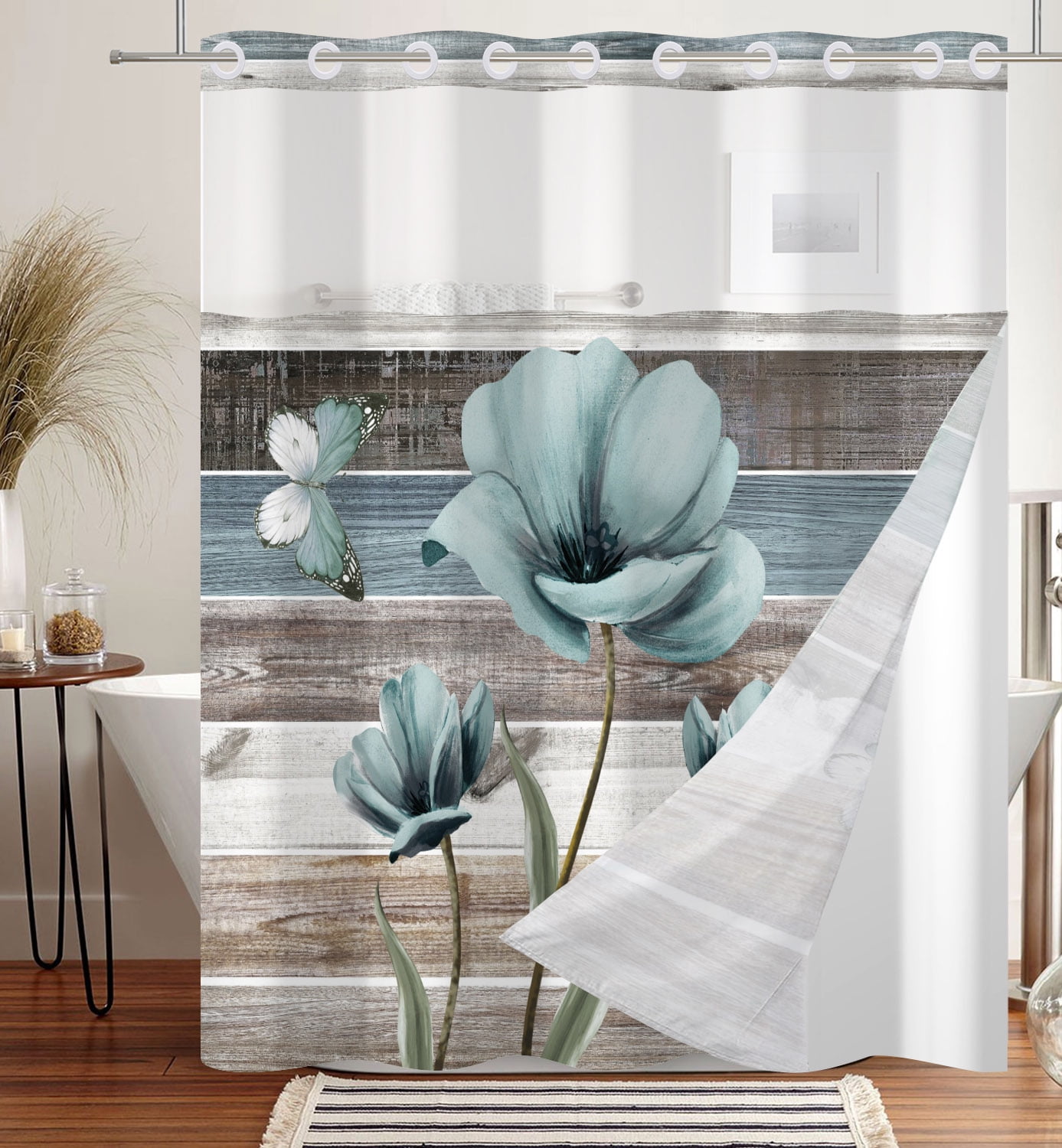 MIZHONA Blue Floral Shower Curtain with Snap in Liner Farmhouse Fabric No Bathroom Curtains,71"× ...