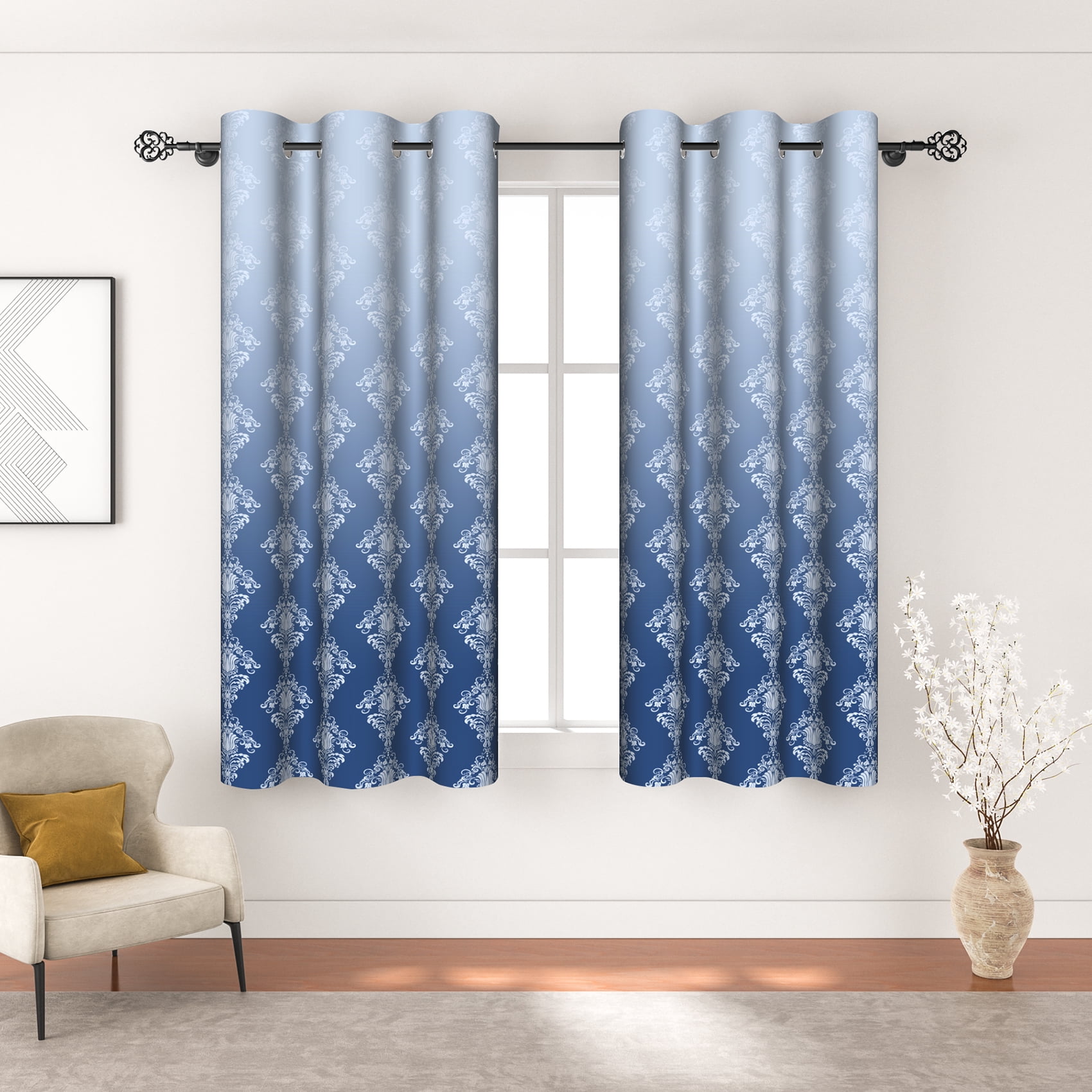 MIZHONA Blue Gradient Blackout Curtains for Living Room Retro Pattern ...