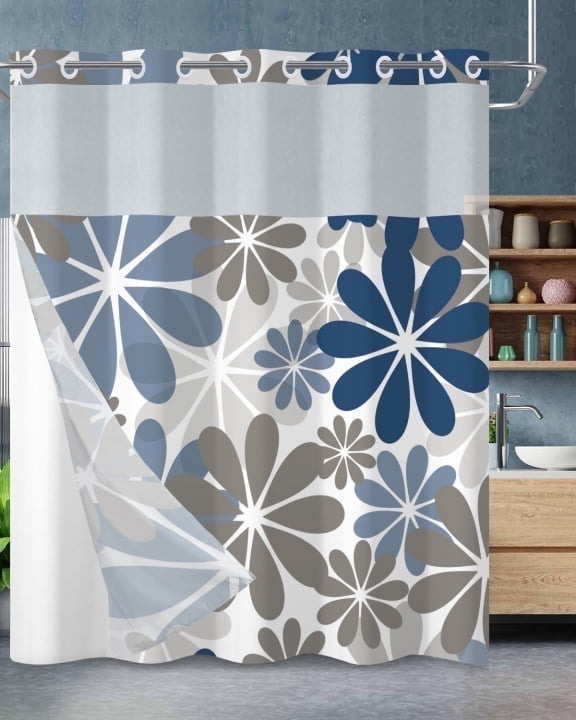 MIZHONA Blue Grey No Hook Shower Curtain Fabric,Dahlia Floral Bath Curtain,71"× 74" - Walmart.com